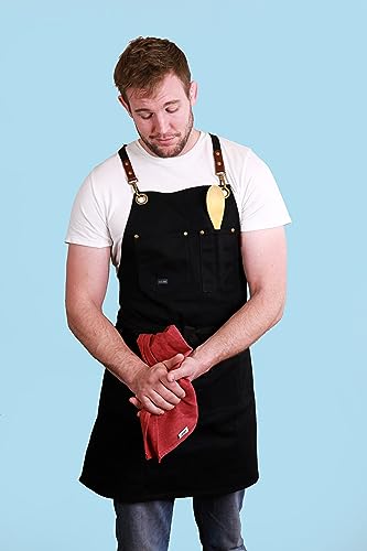 Caldo Canvas Kitchen Apron for Cooking - Mens and Womens Canvas Apron for Professional Chef, Server, or Barista- Adjustable with Pockets (Black)