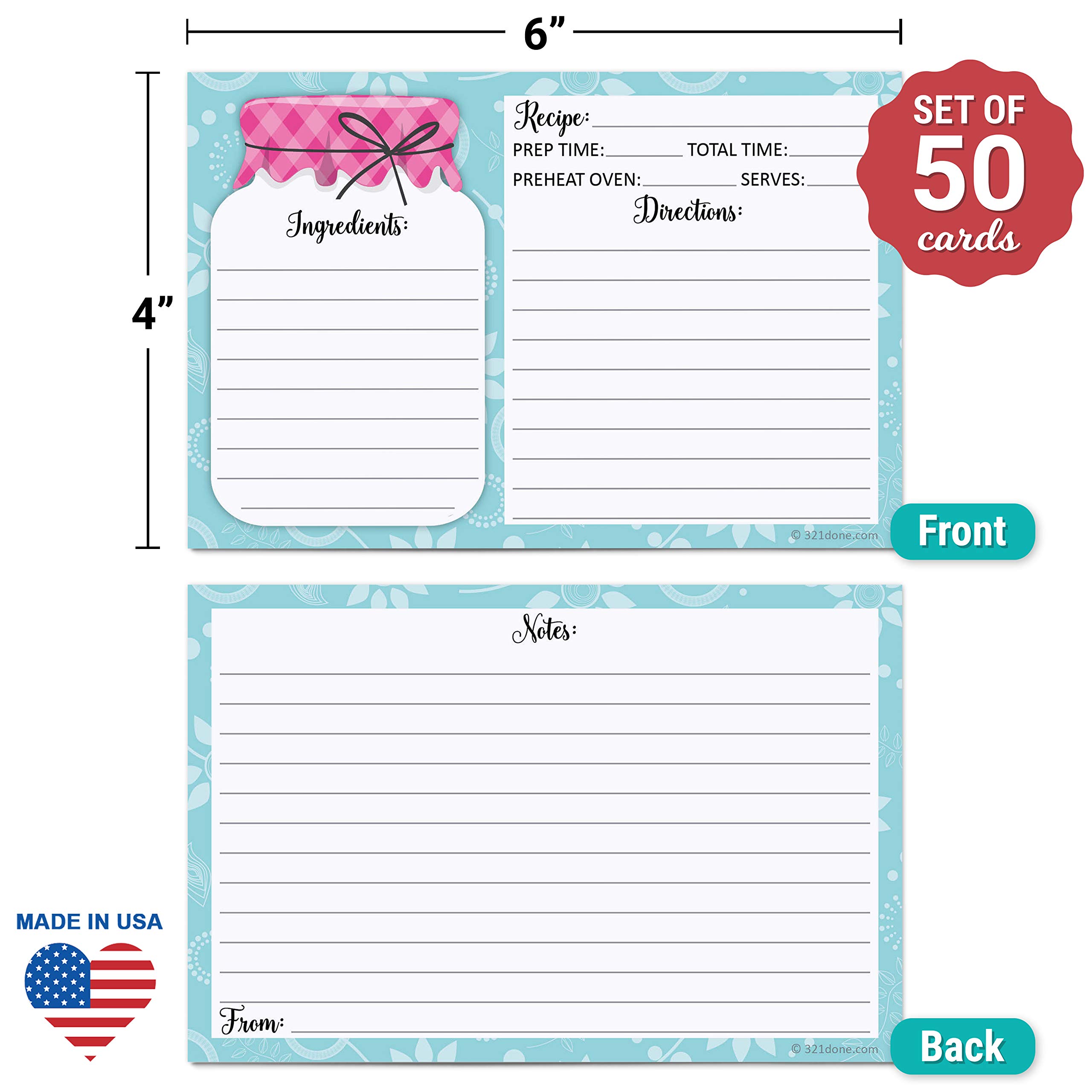 321Done 4x6 Recipe Cards (Set of 50) - Mason Jar - Thick Double Sided Premium Card Stock - Made in USA - Rustic Pink and Teal, Large Notes From