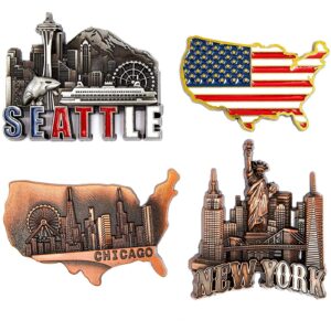 juvale american magnets for fridge - pack of 4 - new york, chicago, seattle, us flag