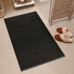 Restaurantware Comfy Feet 60 x 36 Inch Non-Slip Floor Mat, 1 Ribbed Carpet Utility Mat - Indoor and Outdoor, for Homes or Offices, Black Polyester Fibers Entry Mat, Vinyl Backing, Easy to Clean