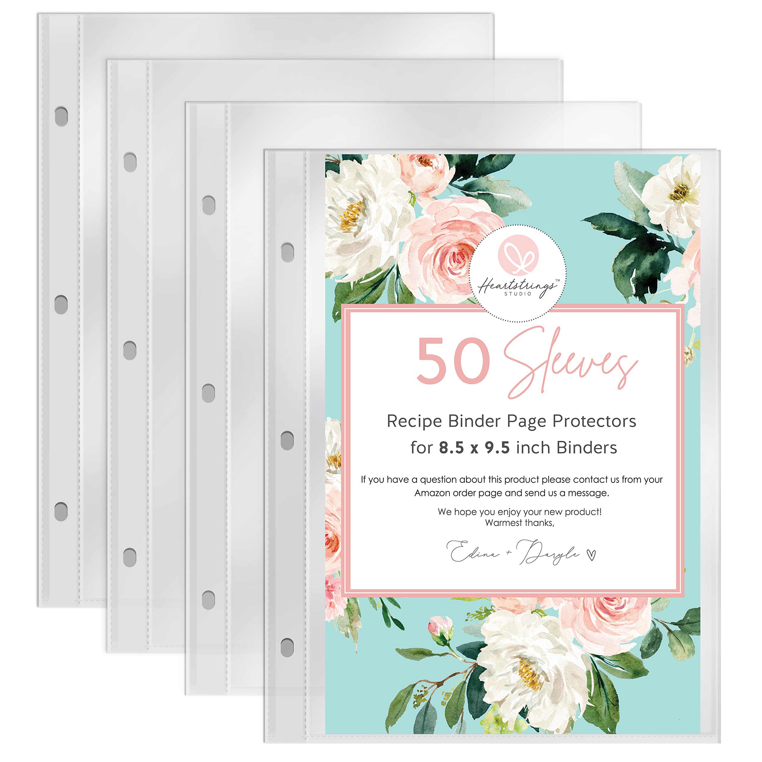 Recipe Binder Page Protectors for 8.5 x 9.5 inch Binders. Holds 50 Protective Sleeves That Hold 6.5" x 8.5" Full Recipe Cards, Heavyweight Crystal Clear Plastic Archival Sleeves, Heartstrings Studio