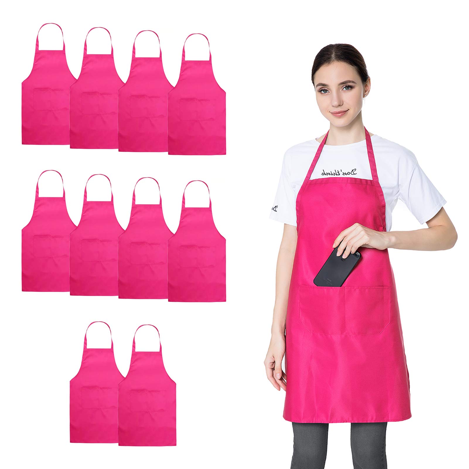 Hi loyaya 10 Pack Bib Pink Aprons Bulk for Women Girl Adult Painting BBQ Cooking Kitchen Baking with Pockets (10, Pink)