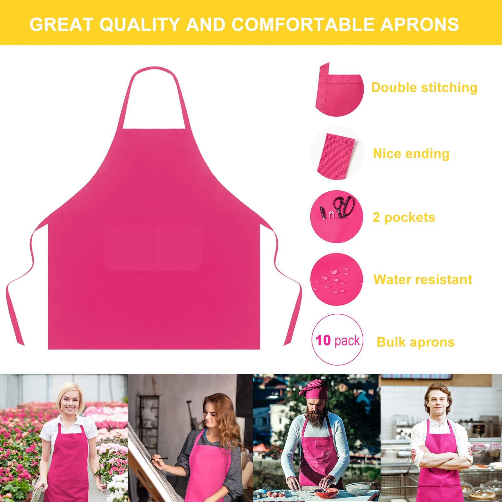 Hi loyaya 10 Pack Bib Pink Aprons Bulk for Women Girl Adult Painting BBQ Cooking Kitchen Baking with Pockets (10, Pink)