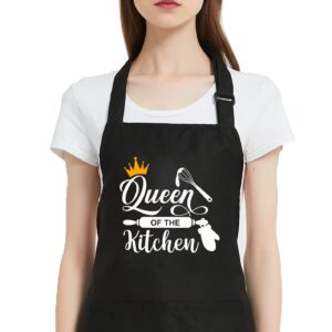 jpayxese funny cooking aprons for women with pockets, black queen of the kitchen apron cute gifts for wife grandma mom girlfriend (queen of one size