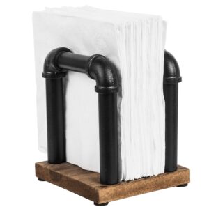 MyGift Realistic Industrial Pipe Black Metal Upright Napkin Holder with Burnt Wood Base, Dining Table Napkin Holder Dispenser