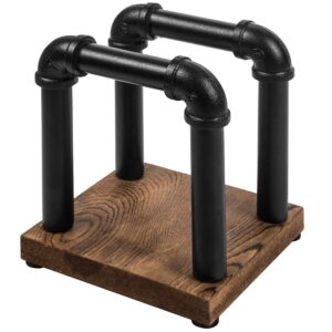 MyGift Realistic Industrial Pipe Black Metal Upright Napkin Holder with Burnt Wood Base, Dining Table Napkin Holder Dispenser