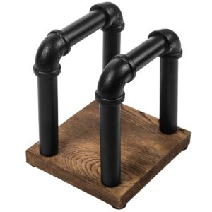 MyGift Realistic Industrial Pipe Black Metal Upright Napkin Holder with Burnt Wood Base, Dining Table Napkin Holder Dispenser