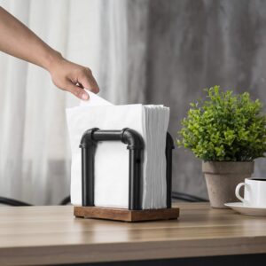 MyGift Realistic Industrial Pipe Black Metal Upright Napkin Holder with Burnt Wood Base, Dining Table Napkin Holder Dispenser