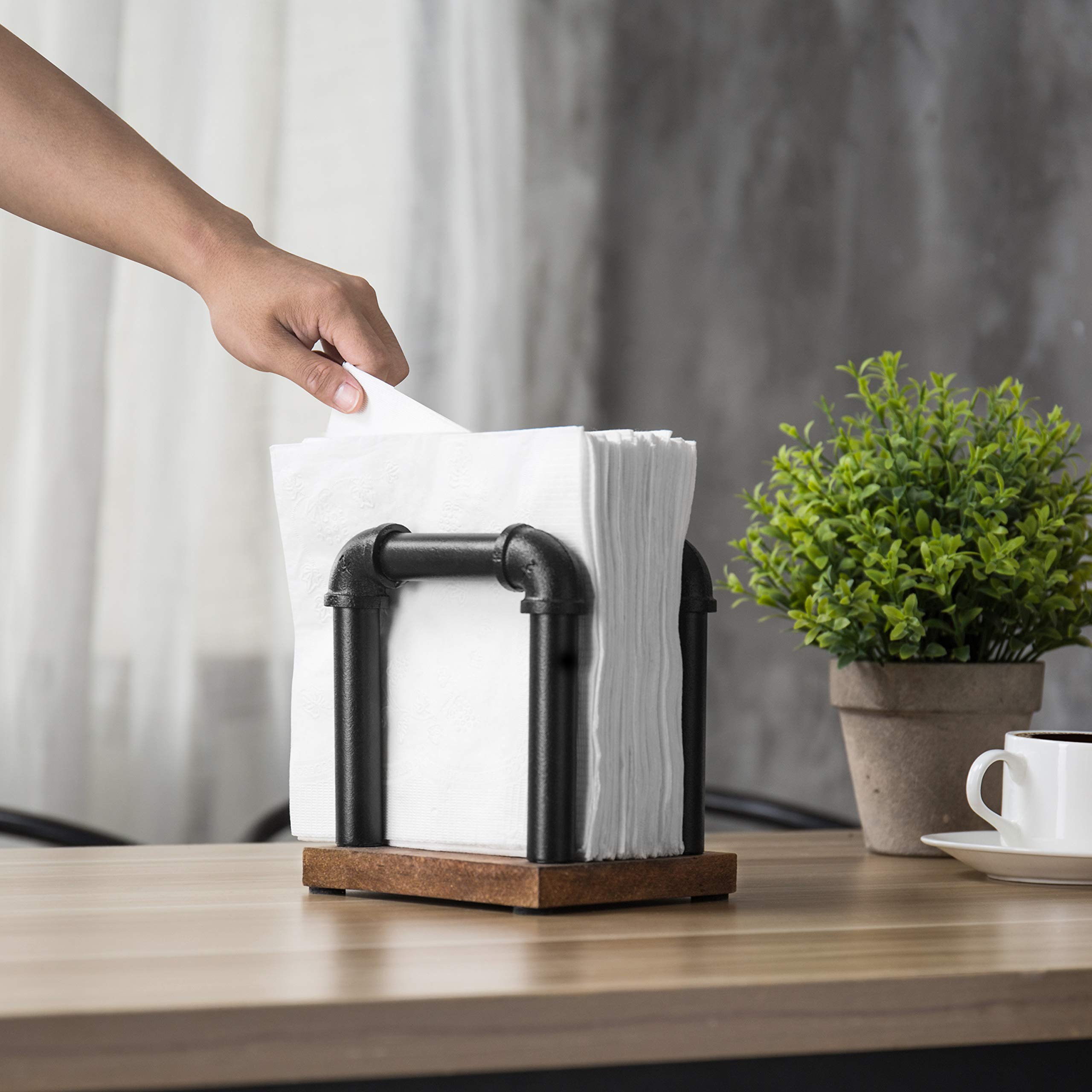 MyGift Realistic Industrial Pipe Black Metal Upright Napkin Holder with Burnt Wood Base, Dining Table Napkin Holder Dispenser