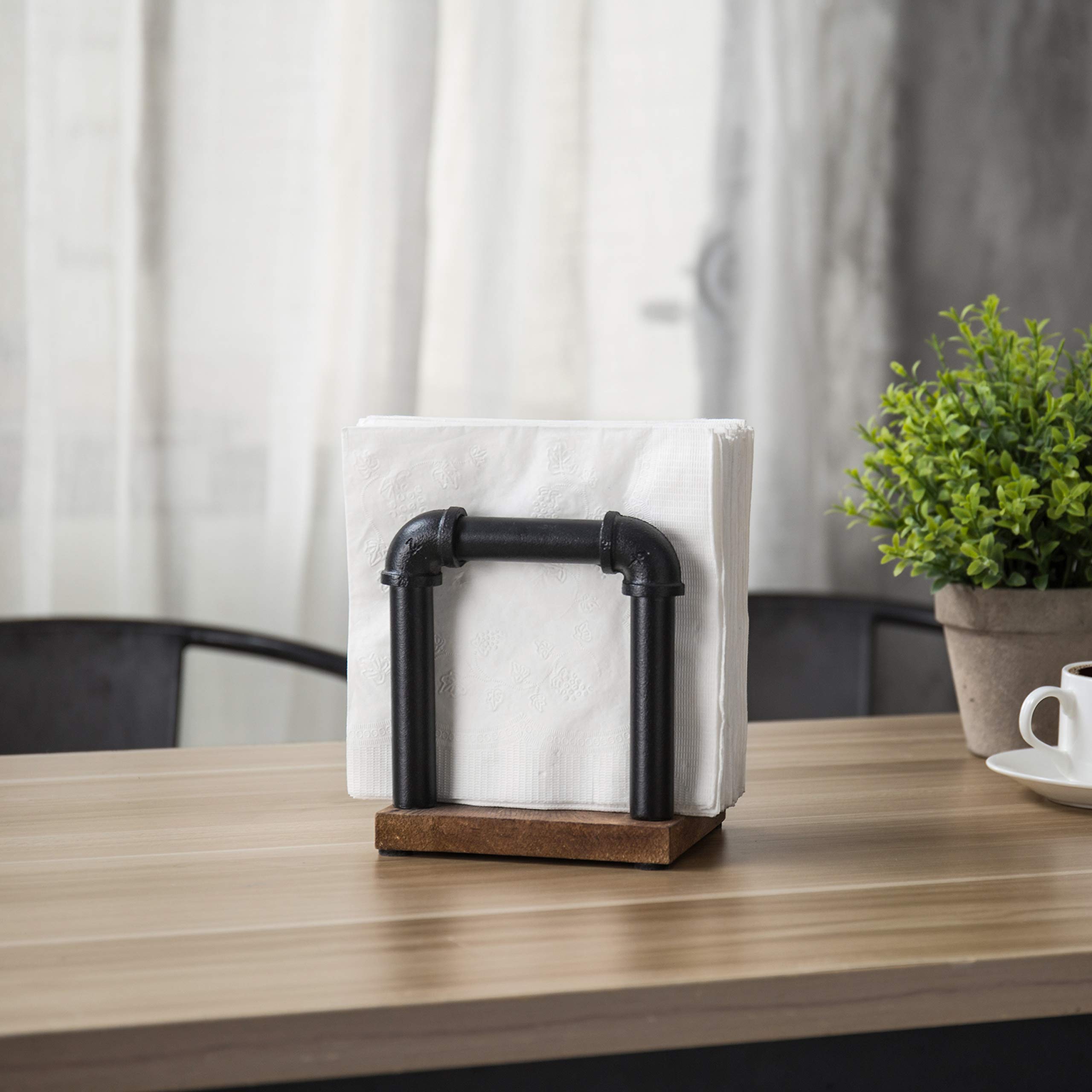 MyGift Realistic Industrial Pipe Black Metal Upright Napkin Holder with Burnt Wood Base, Dining Table Napkin Holder Dispenser