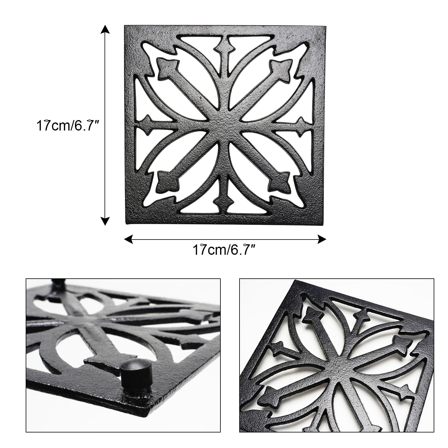 Sungmor Heavy Duty Cast Iron Square Metal Trivet,Rustproof Black Racks Stands Holders for Hot Pans or Teapot,Kitchen or Dinning Table Decorations