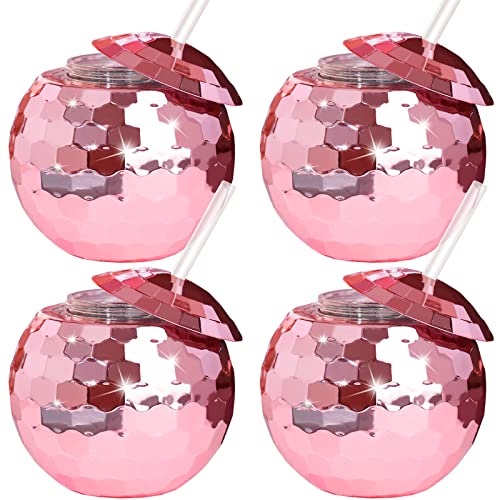 Ujuuu 4 Pieces Disco Ball Cups Disco Ball Tumbler Disco Flash Ball Cocktail Cup with Lid and Straw Party Supplies Wine Cocktail Drinking Syrup Tea Bottle (Pink), 20oz