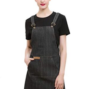 Denim Cross-Back Chef Bib Apron with Pockets for Men and Women (Black Stripe)