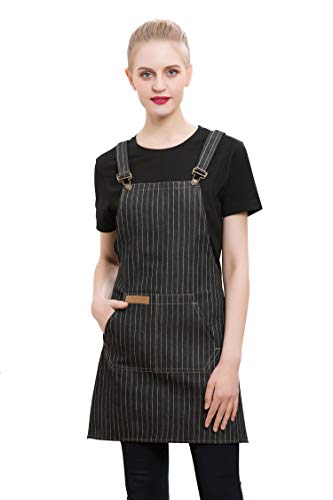 Denim Cross-Back Chef Bib Apron with Pockets for Men and Women (Black Stripe)