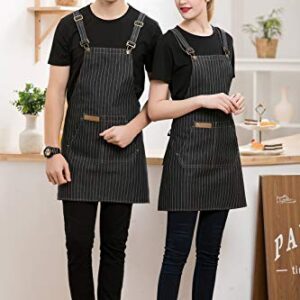 Denim Cross-Back Chef Bib Apron with Pockets for Men and Women (Black Stripe)