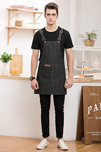 Denim Cross-Back Chef Bib Apron with Pockets for Men and Women (Black Stripe)