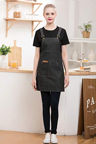 Denim Cross-Back Chef Bib Apron with Pockets for Men and Women (Black Stripe)