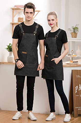 Denim Cross-Back Chef Bib Apron with Pockets for Men and Women (Black Stripe)