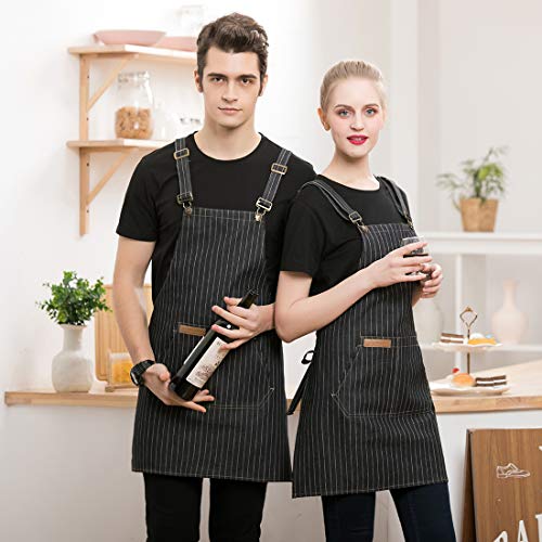 Denim Cross-Back Chef Bib Apron with Pockets for Men and Women (Black Stripe)