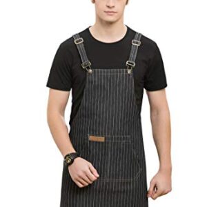 Denim Cross-Back Chef Bib Apron with Pockets for Men and Women (Black Stripe)