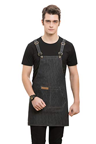 Denim Cross-Back Chef Bib Apron with Pockets for Men and Women (Black Stripe)