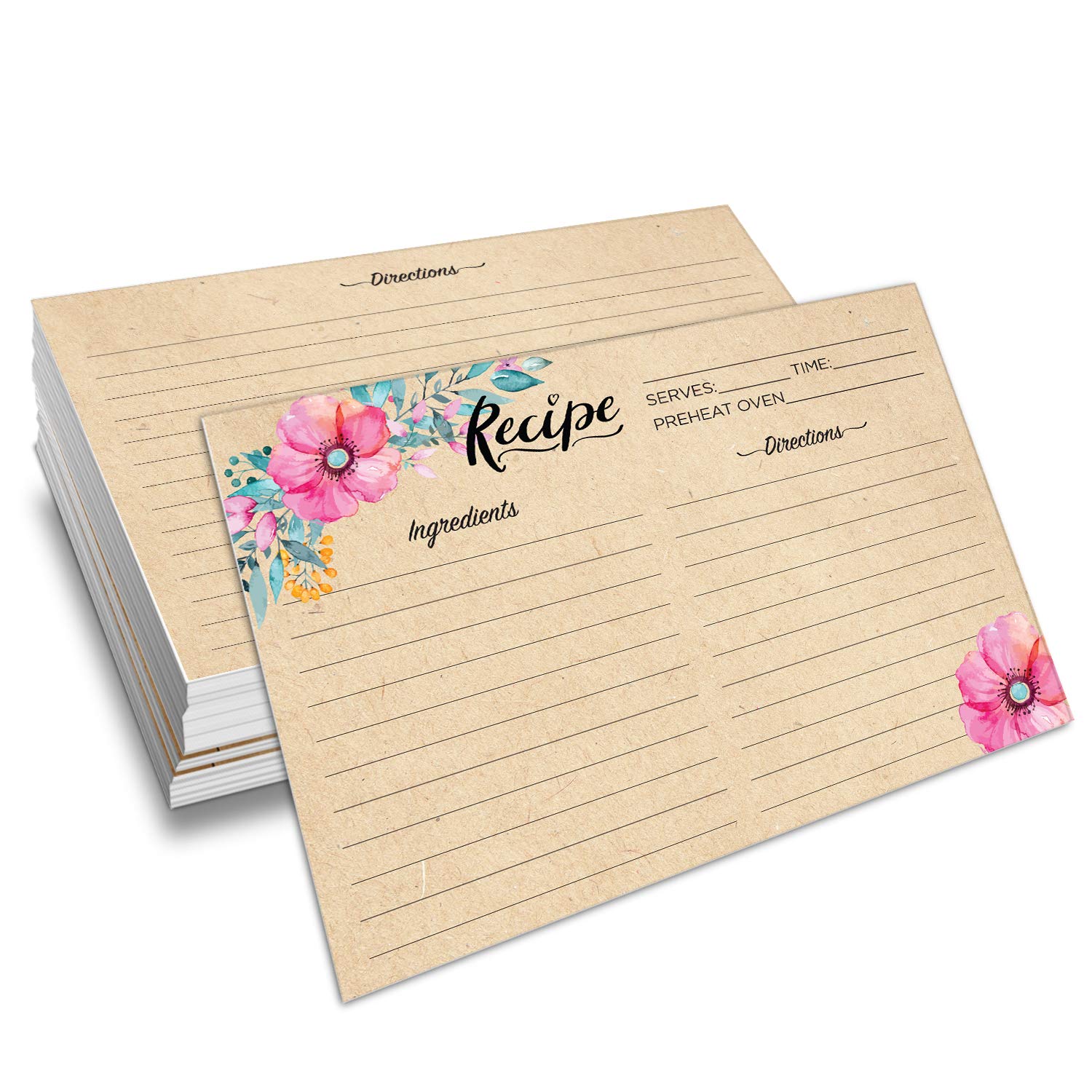 Nuah Prints Double Sided Recipe Cards 4x6 Inch, Set of 50 Thick Cardstock Recipe Cards with Lines, Easy To Write On Smooth Surface, Line Printed, Large Writing Space (Floral Kraft Look)