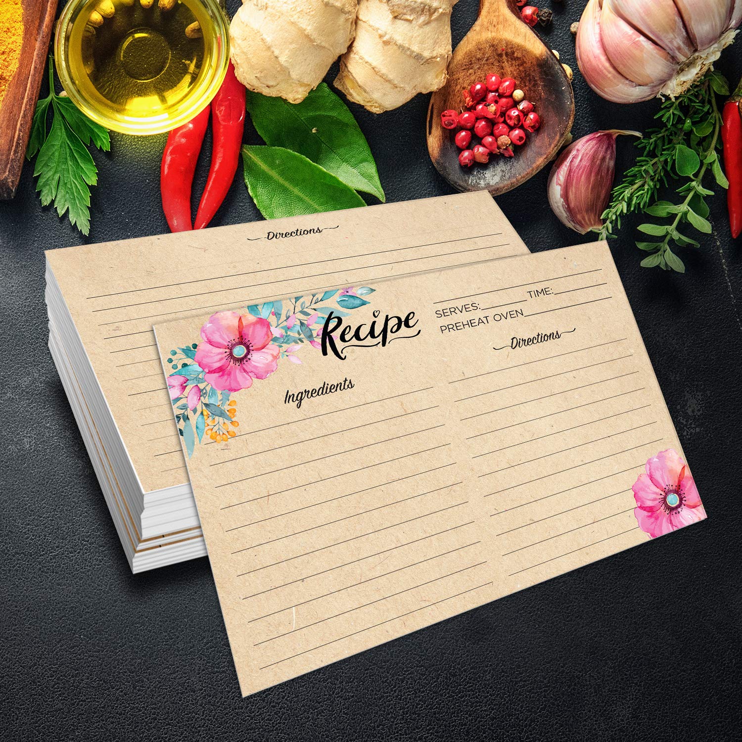 Nuah Prints Double Sided Recipe Cards 4x6 Inch, Set of 50 Thick Cardstock Recipe Cards with Lines, Easy To Write On Smooth Surface, Line Printed, Large Writing Space (Floral Kraft Look)