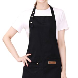 YIUJEFDA Black Aprons for Women Men with Pockets Adjustable Straps Waterproof Cute Canvas Kitchen Cooking Apron for Chef Waitress Server Painting Artist Mother Gifts