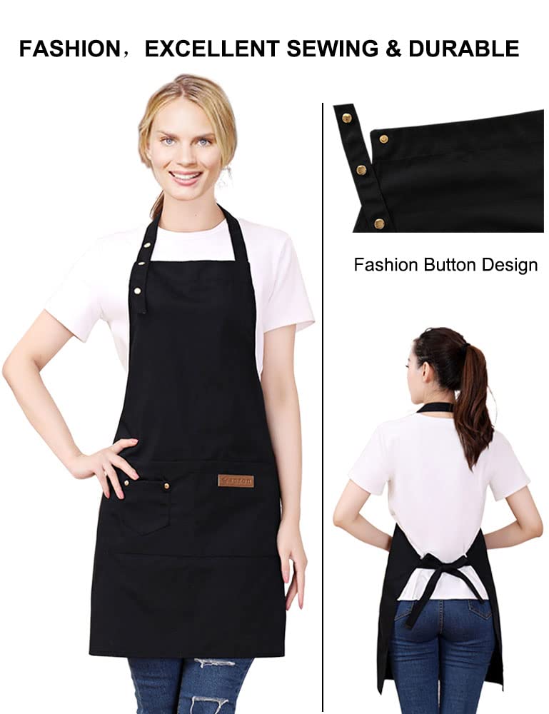 YIUJEFDA Black Aprons for Women Men with Pockets Adjustable Straps Waterproof Cute Canvas Kitchen Cooking Apron for Chef Waitress Server Painting Artist Mother Gifts