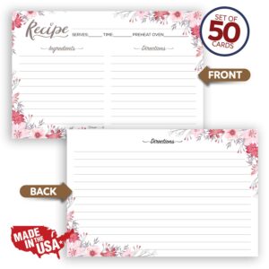 Nuah Prints Double Sided Recipe Cards 4x6 Inch, Set of 50 Thick Cardstock Recipe Cards with Lines, Easy To Write On Smooth Surface, Line Printed, Large Writing Space (Flower Design)