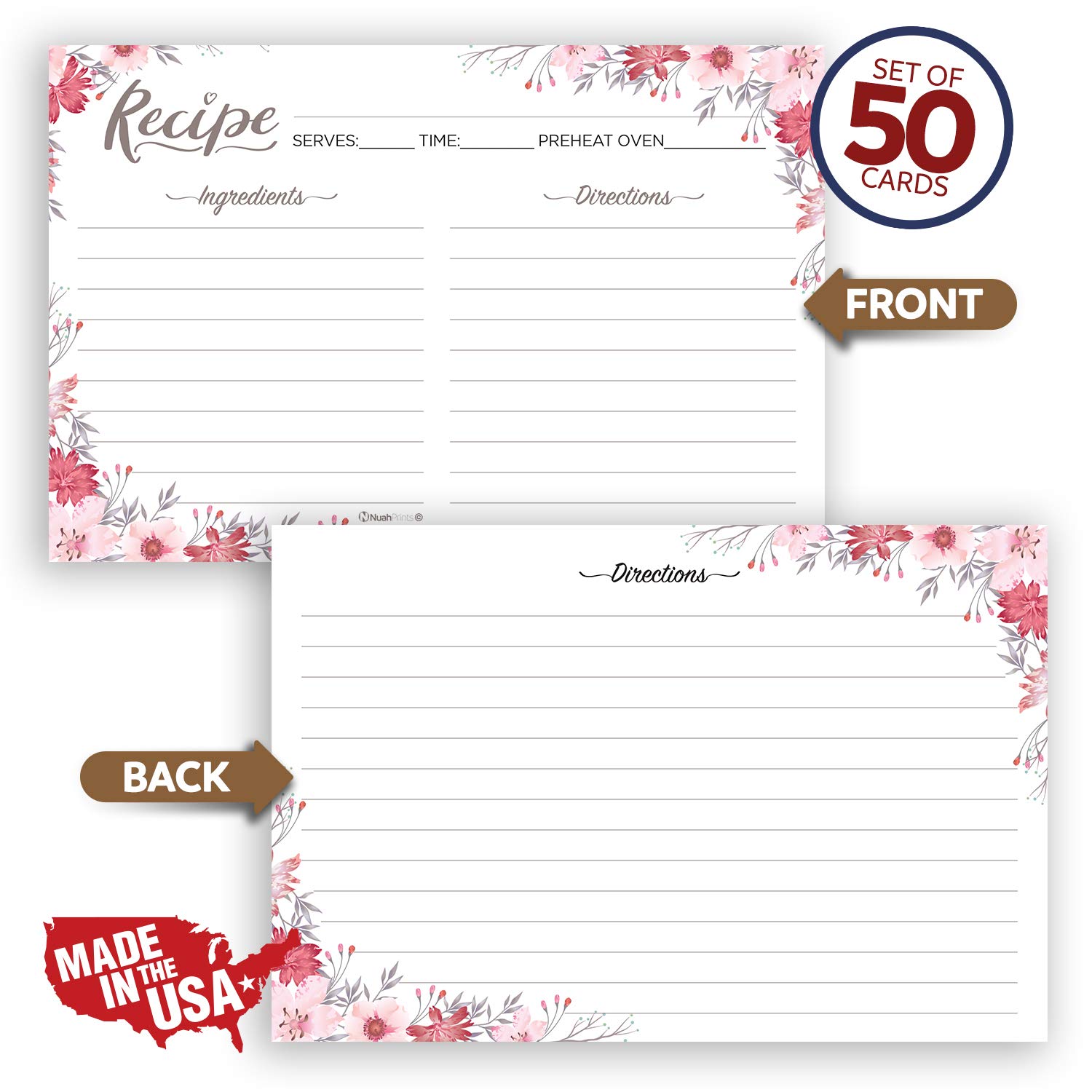 Nuah Prints Double Sided Recipe Cards 4x6 Inch, Set of 50 Thick Cardstock Recipe Cards with Lines, Easy To Write On Smooth Surface, Line Printed, Large Writing Space (Flower Design)