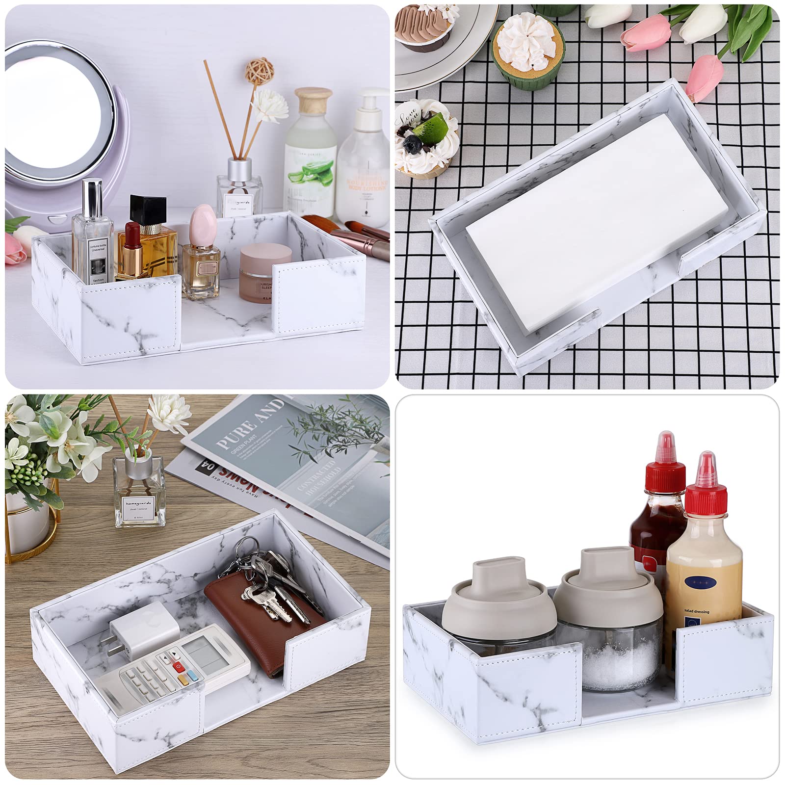 Sumnacon Rectangle Napkin Holder for Dinner Table Kitchen Contertop, Stylish Leather Guest Towel Holder for Bathroom Vanity, Decorative Basket for Tissue Paper Hand Towel Storage, Marble White