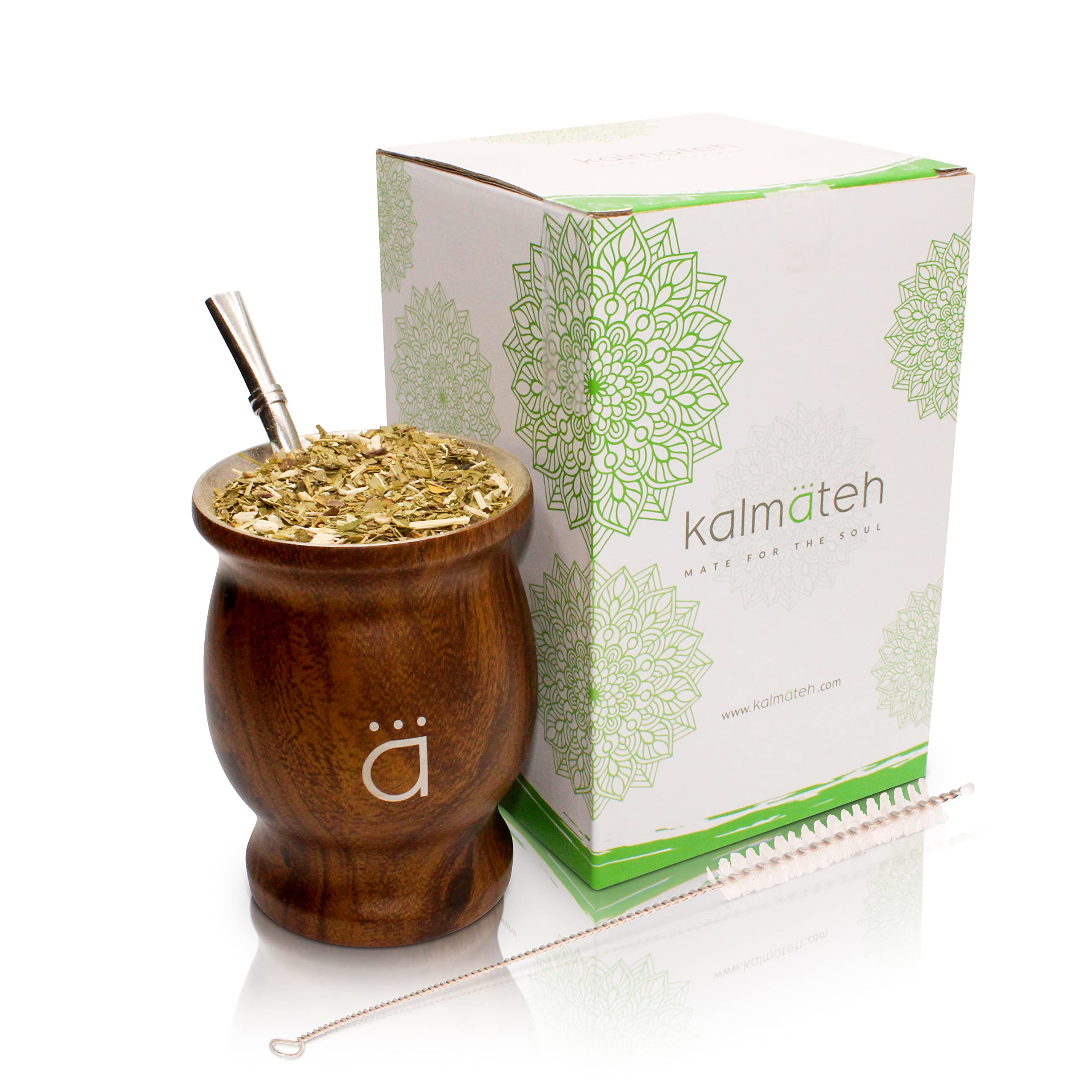 Kalmateh Yerba Mate Gourd Set - Traditional Modern Mate Cup Includes Bombilla Filter Straw and Cleaning Brush- Double Walled Stainless Steel (Wood, 8.6 oz)