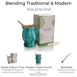 Kalmateh Yerba Mate Gourd Set - Traditional Modern Mate Cup Includes Bombilla Filter Straw and Cleaning Brush- Double Walled Stainless Steel (Wood, 8.6 oz)