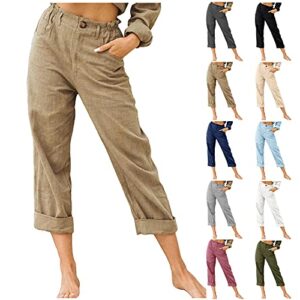 XUETON Peasant Pants for Women Summer Beach Cotton Linen Capris 3/4 Sweatpants Yoga Pants Elastic Waist Cropped Lounge Pants Khaki