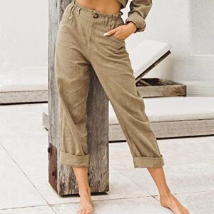 XUETON Peasant Pants for Women Summer Beach Cotton Linen Capris 3/4 Sweatpants Yoga Pants Elastic Waist Cropped Lounge Pants Khaki