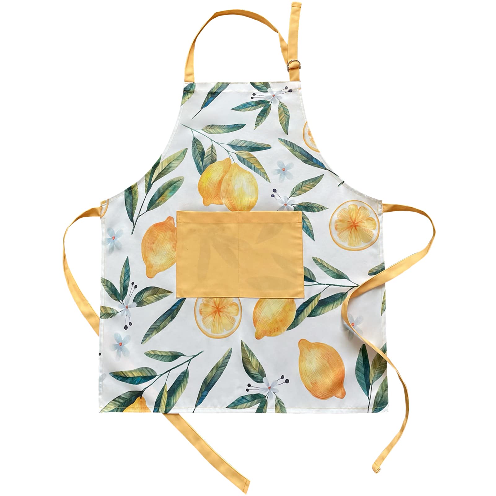 AEKTBY Kitchen Apron with 2 Pockets, Adjustable Neck Strap & Long Ties Apron for Women Men Cooking Baking Garden Chef (Thick Lemon)