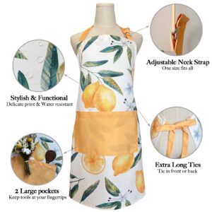 AEKTBY Kitchen Apron with 2 Pockets, Adjustable Neck Strap & Long Ties Apron for Women Men Cooking Baking Garden Chef (Thick Lemon)