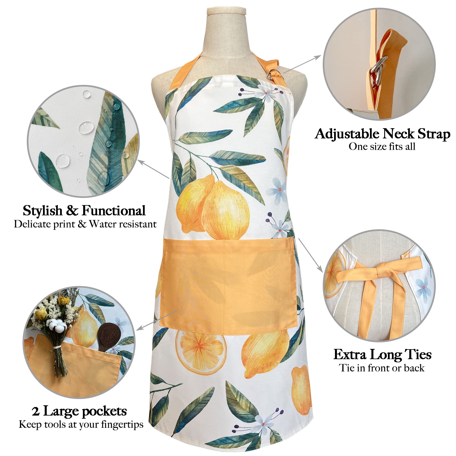 AEKTBY Kitchen Apron with 2 Pockets, Adjustable Neck Strap & Long Ties Apron for Women Men Cooking Baking Garden Chef (Thick Lemon)