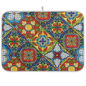 mexican talavera tile dish drying mat for kitchen counter, microfiber dish drainer mat for kitchen countertop 18 x 24 inch