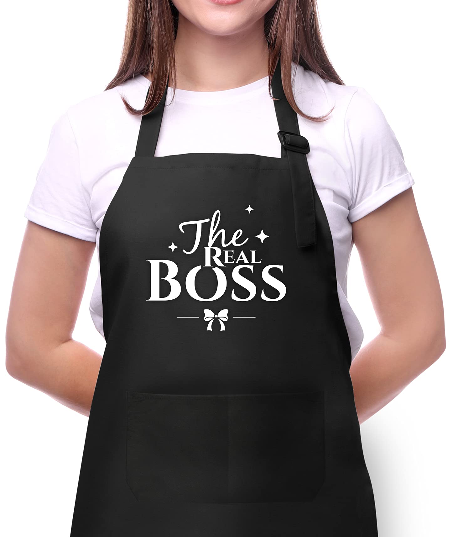 Moanlor Art Funny Cooking Aprons for Women,The Real Boss Apron with Pockets,Gifts for Friends Sister,Cute Birthday Mother's Day Christmas Kitchen Gifts for Mom Wife Grandma-Black