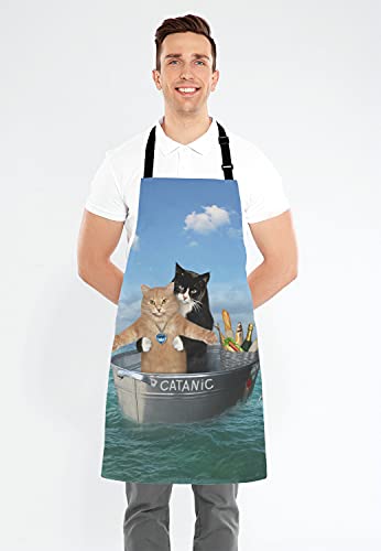 Lefolen Funny Cats Adjustable Bib Apron, The two brave cats are drifting in the steel Cooking Kitchen Apron for Men Women