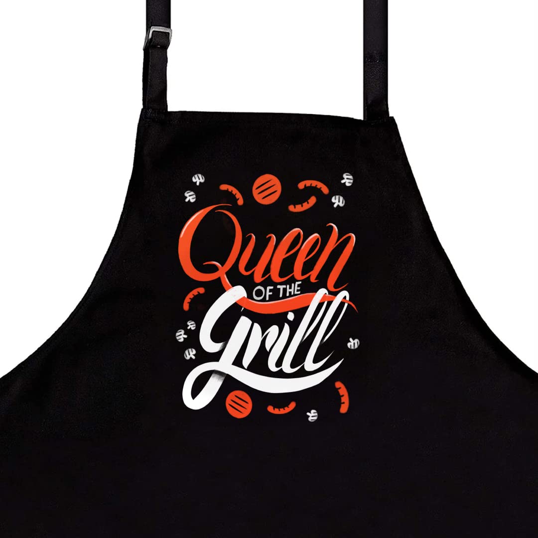 Nomsum Queen of the Grill Aprons for Women with Pockets, Comfy and Tough Cotton Fabric Funny Aprons for Women, One Size Fits All with Adjustable Wrap Around Straps for Cooking, Grilling, and Painting