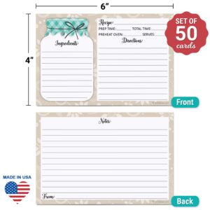 321Done Mason Jar Recipe Cards (Set of 50) Rustic 4x6 Double-Sided Premium Card Stock - Made in USA - Rustic Green and Tan, Large Notes From