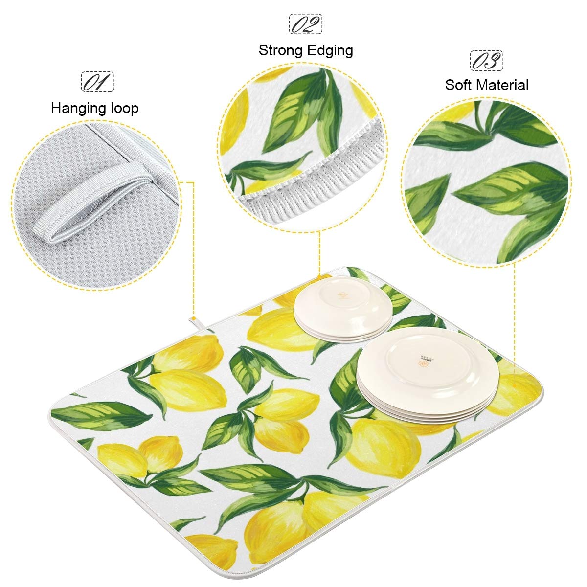 Qilmy Lemon Dish Drying Mat Absorbent Reversible Tableware Mat for Kitchen Countertop Home Decoration, 16 x 18 Inch