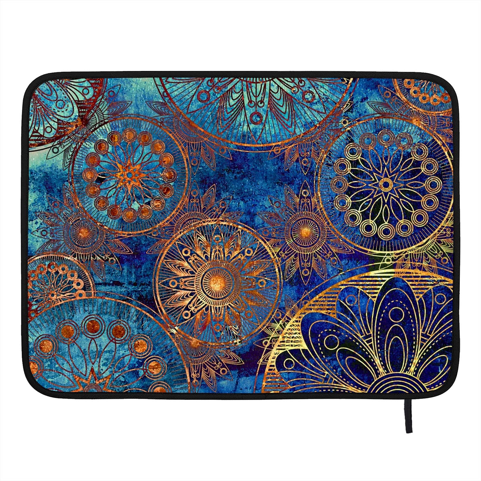 GIPOUTY Dish Drying Mat for Kitchen Counter, Golden Blue Mandala Bohemian Absorbent Microfiber Dish Draining Mat Extra Large 24×18in Protector Pad Heat-resistant