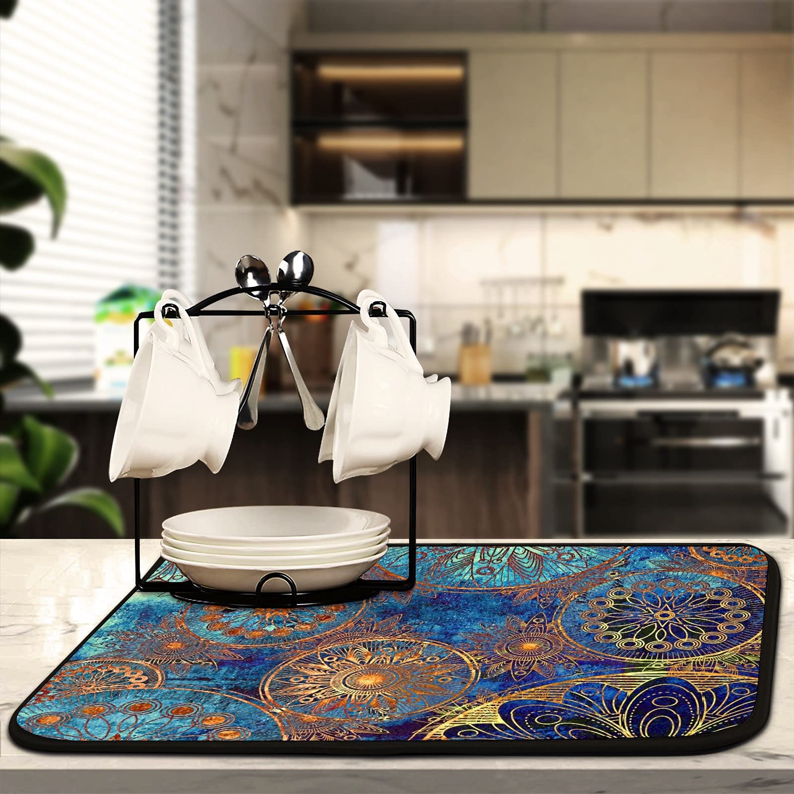 GIPOUTY Dish Drying Mat for Kitchen Counter, Golden Blue Mandala Bohemian Absorbent Microfiber Dish Draining Mat Extra Large 24×18in Protector Pad Heat-resistant