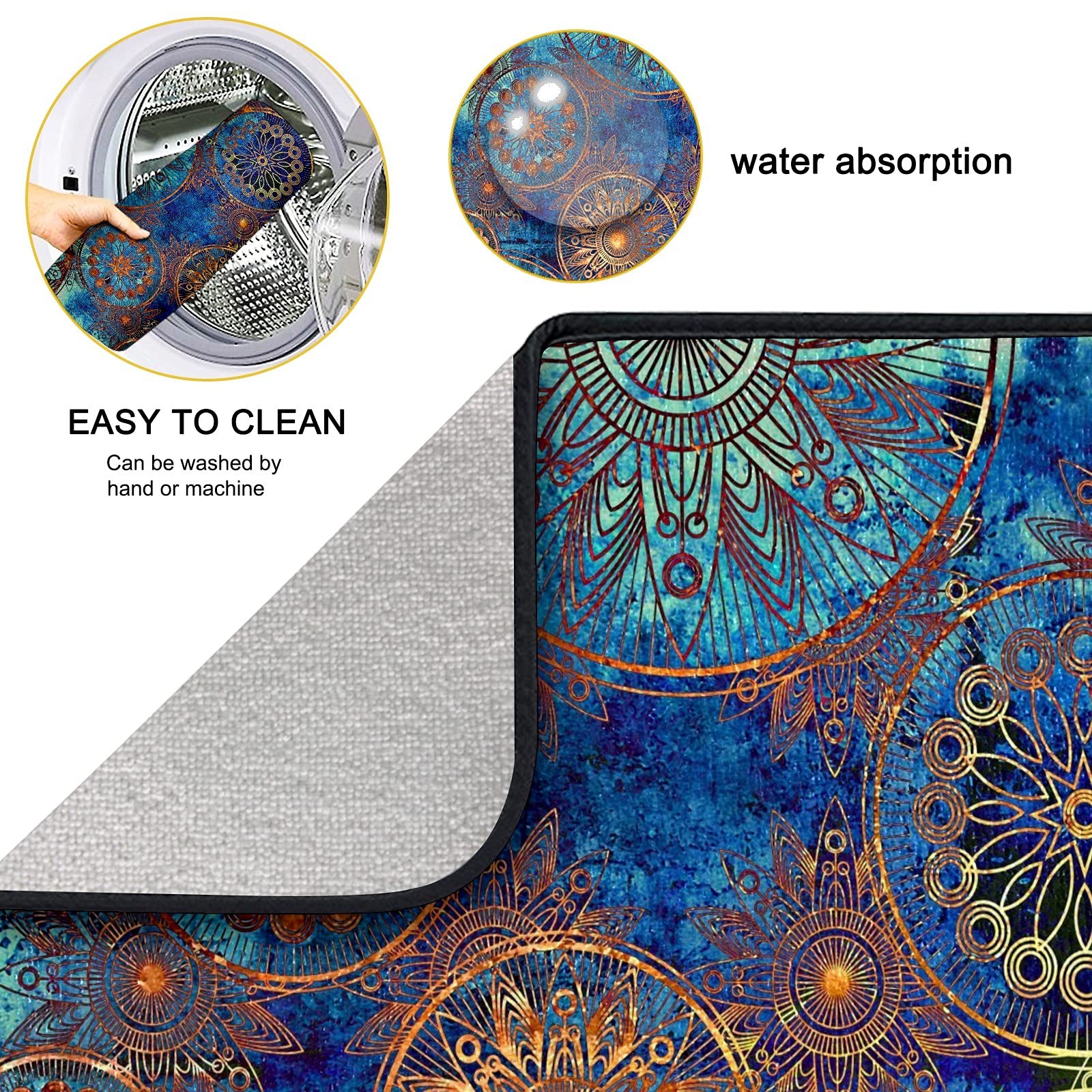 GIPOUTY Dish Drying Mat for Kitchen Counter, Golden Blue Mandala Bohemian Absorbent Microfiber Dish Draining Mat Extra Large 24×18in Protector Pad Heat-resistant