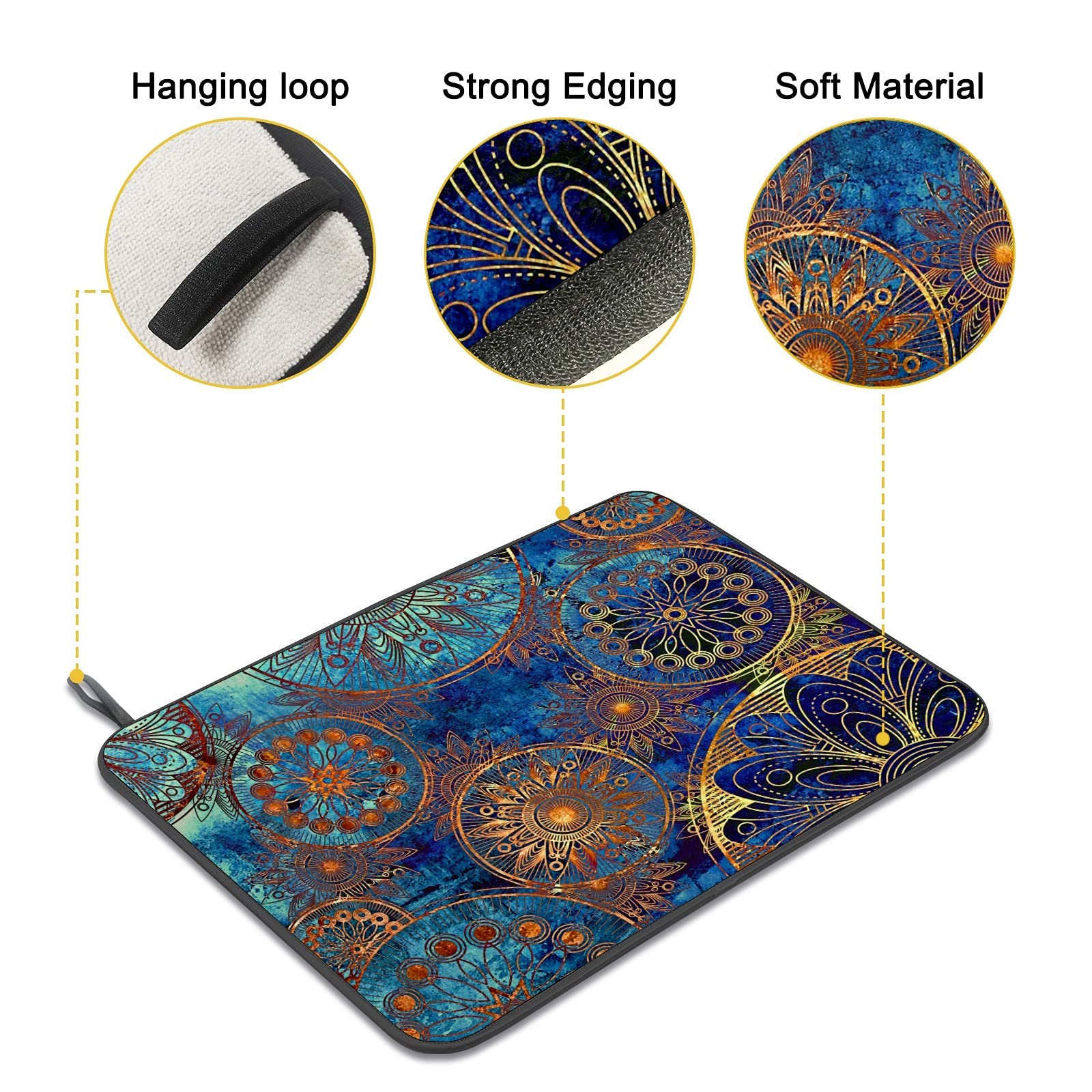 GIPOUTY Dish Drying Mat for Kitchen Counter, Golden Blue Mandala Bohemian Absorbent Microfiber Dish Draining Mat Extra Large 24×18in Protector Pad Heat-resistant