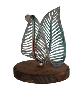 owlgift freestanding modern napkin holder w/golden turquoise metal leaf & brown wooden base design, tabletop tissue dispenser, napkin storage organizer